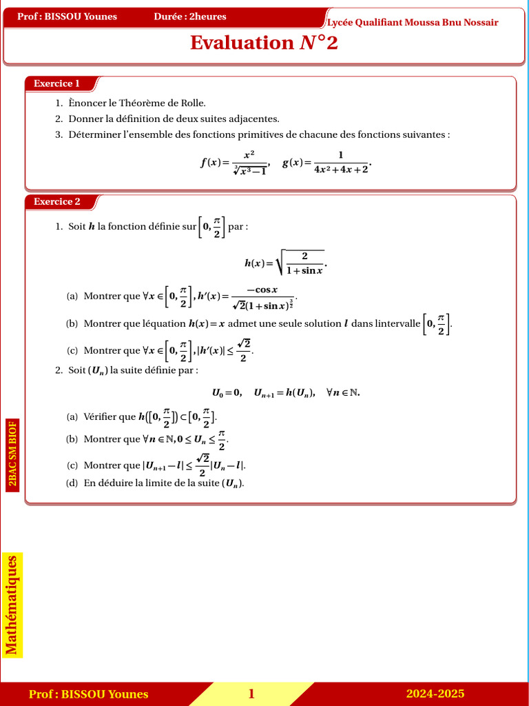 Évaluation Math 2BAC SM 2024-2025 | PDF | Mathématiques | Analyse ...