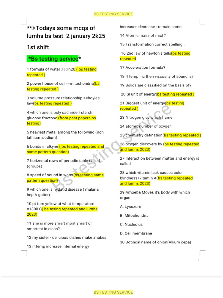 Updated Lumhs Bs Entrt Test Mcqs | PDF