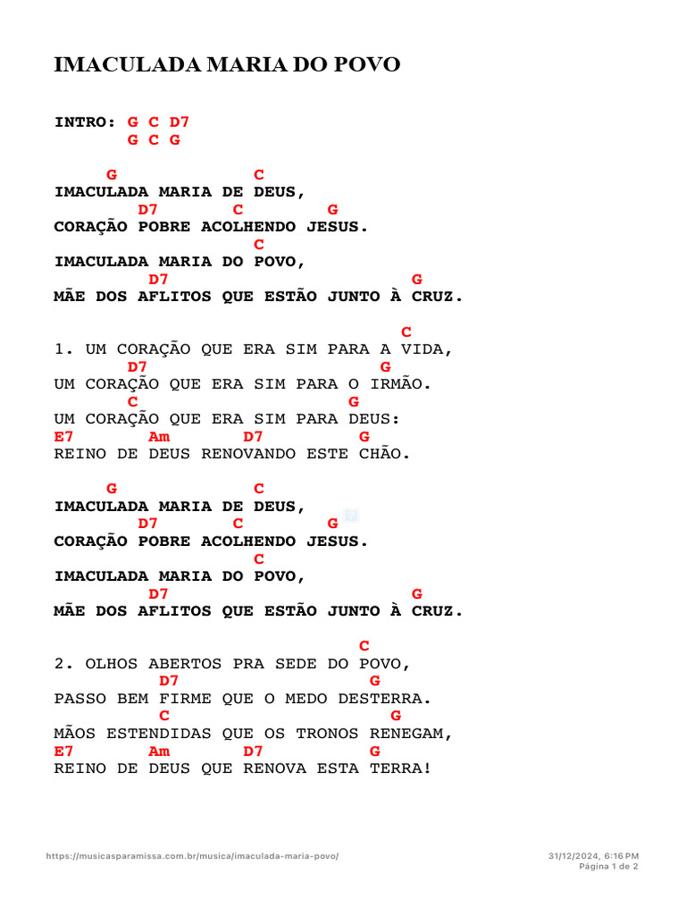 IMACULADA MARIA DO POVO - Músicas para Missa | PDF