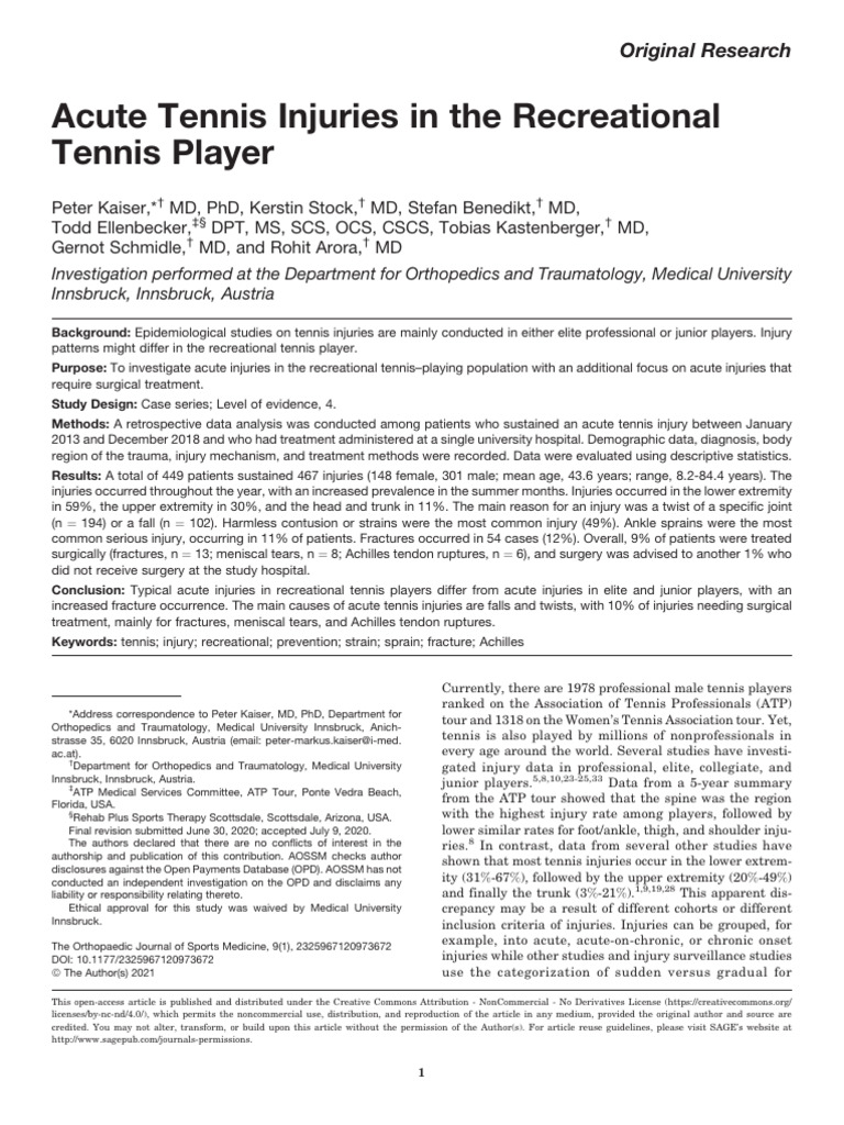 Acute Tennis Injuries in The Recreational Tennis Player | PDF | Knee | Foot