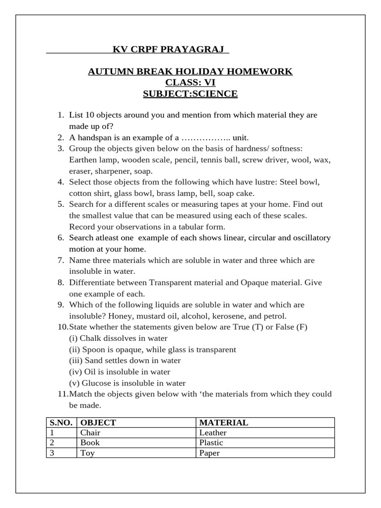 Vi Autumn Break Holiday Homework Science | PDF | Water | Solubility