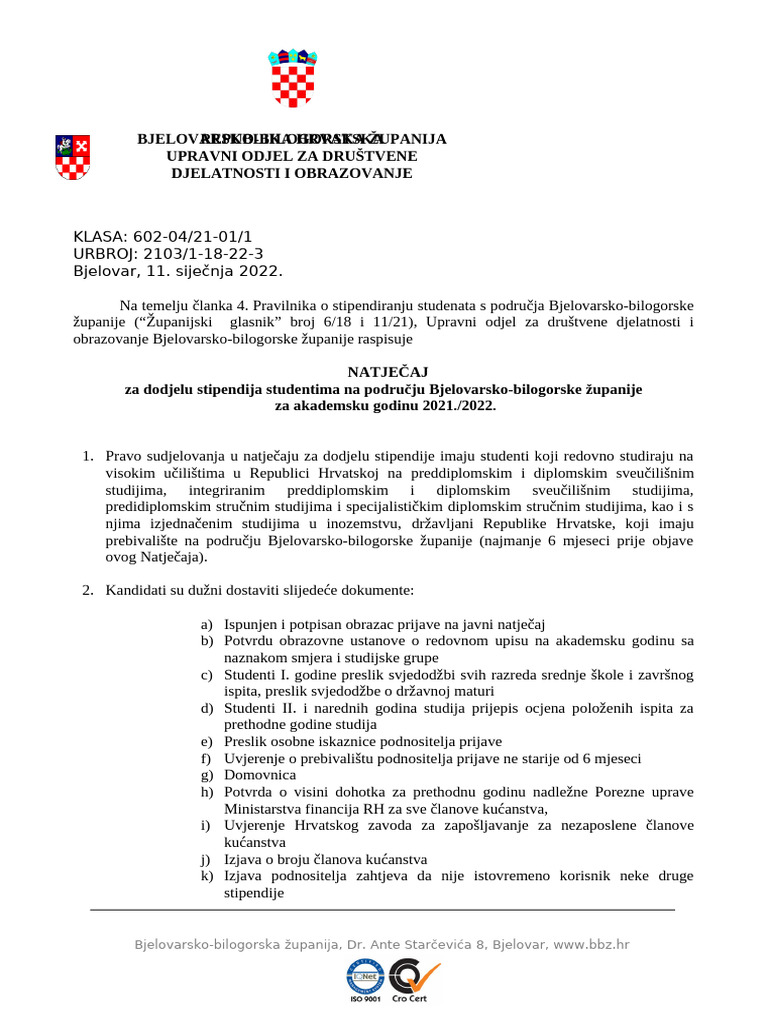 Natjecaj Za Dodjelu Stipendija Studentima 2021.-2022. | PDF