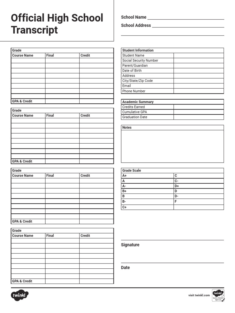BW FREE Homeschool Transcript Template | PDF