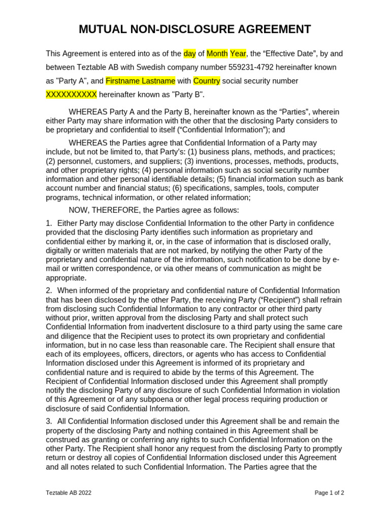 Mutual NDA Teztable-Agent | PDF | Non Disclosure Agreement ...