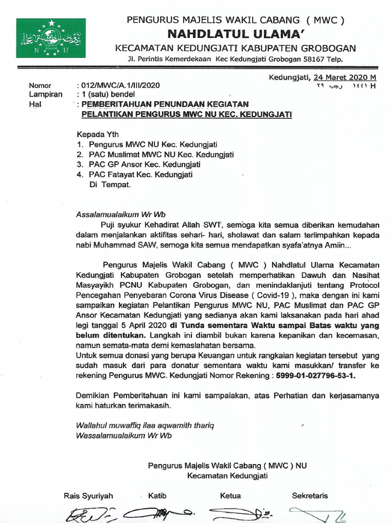 Pemberitahuan Penundaan Pelantikan Mwc 1 | PDF