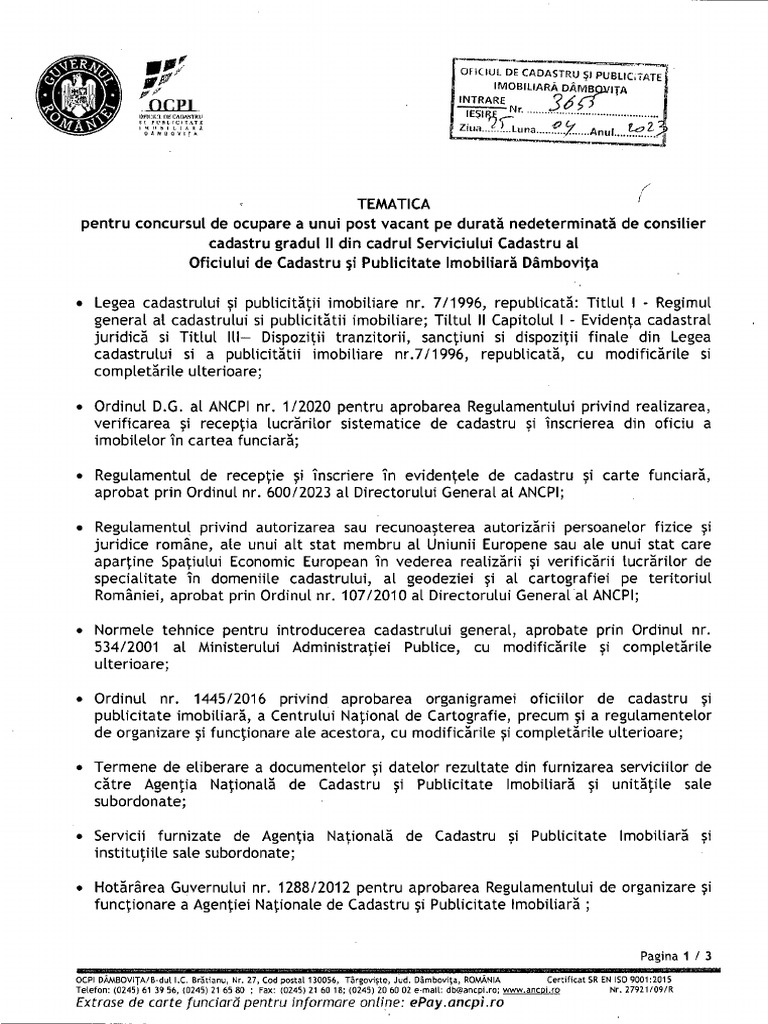 Tematica Si Bibliografia Consilier Cadastru 1 | PDF