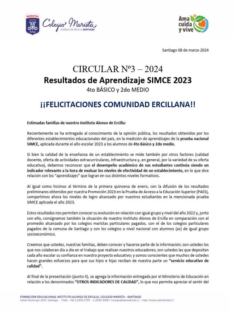 Circular N3 - Resultados SIMCE IAE 2023 | PDF | Desarrollo personal