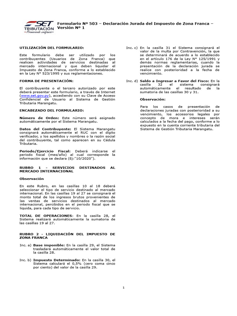Instructivo Del Formulario #503 - Impuesto de Zona Franca | PDF | Impuestos | Economias