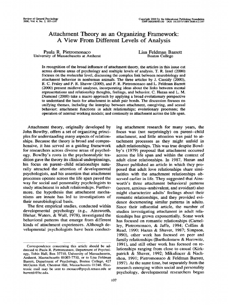 Pietromonaco Feldman Barrett 2000 Attachment Theory As An Organizing ...