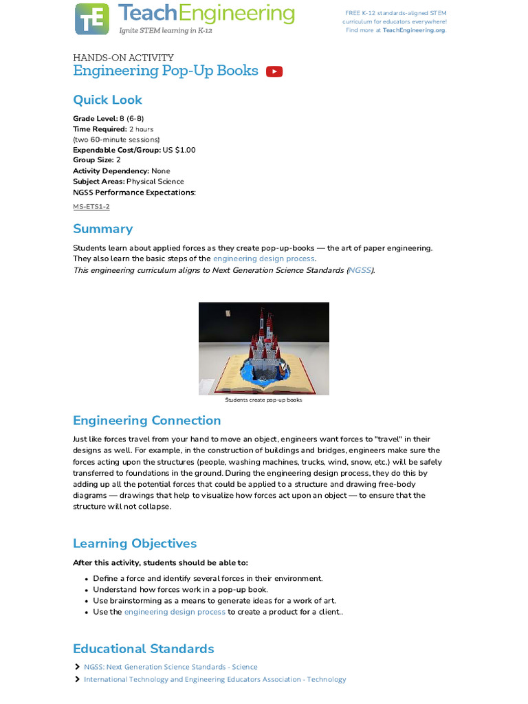 Engineering Pop-Up Books - Activity - TeachEngineering | PDF | Books | Brainstorming