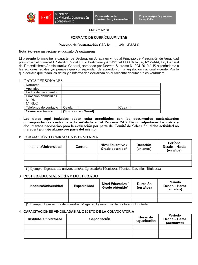 Formato CV para Contratación CAS Lima | PDF | Regulación | Documento de ...