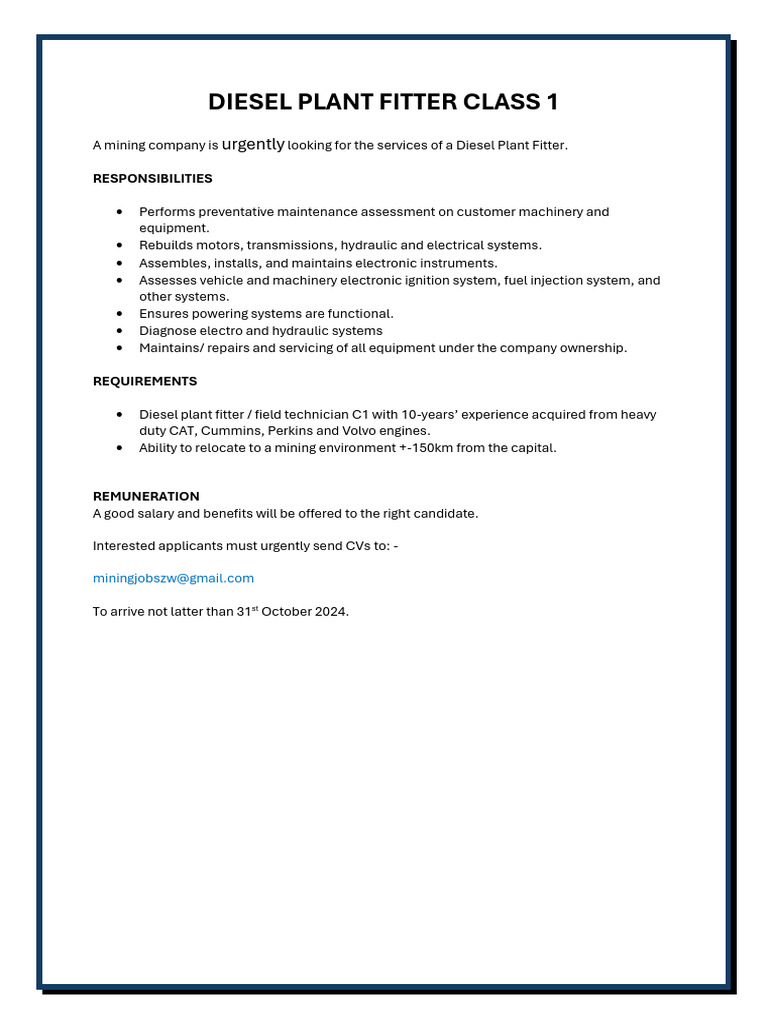 Diesel Plant Fitter Class 1 | PDF