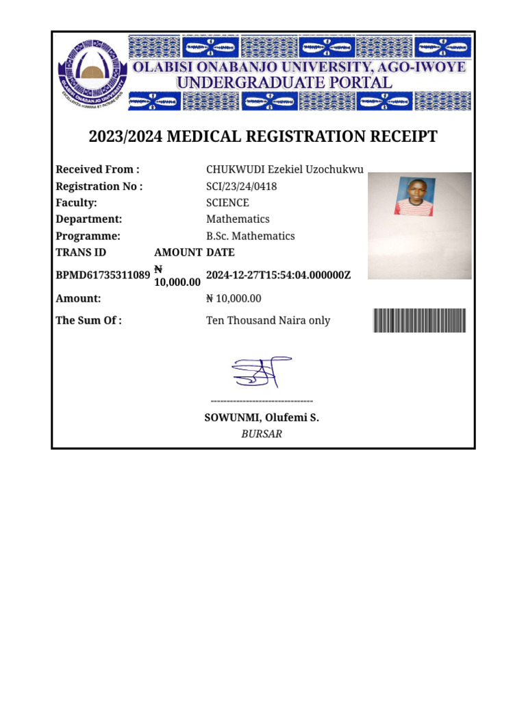 2023/2024 Medical Registration Receipt | PDF