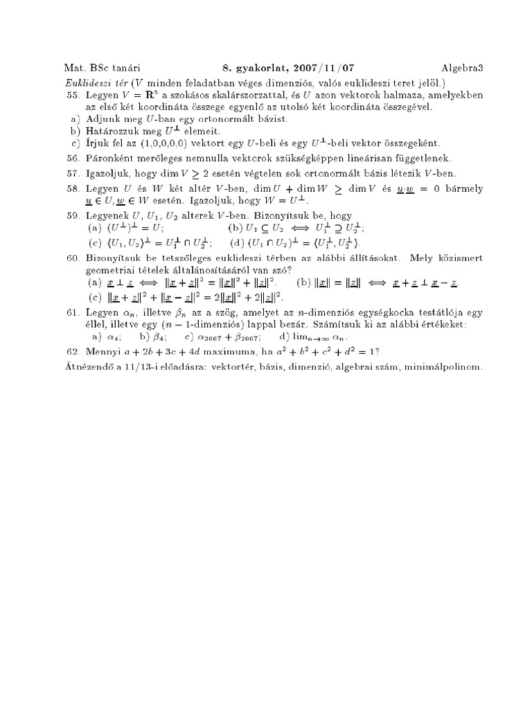 Algebra III. 8. Gyakorlat Elte Ttk, Mat Tanári (2007.11.07.) | PDF
