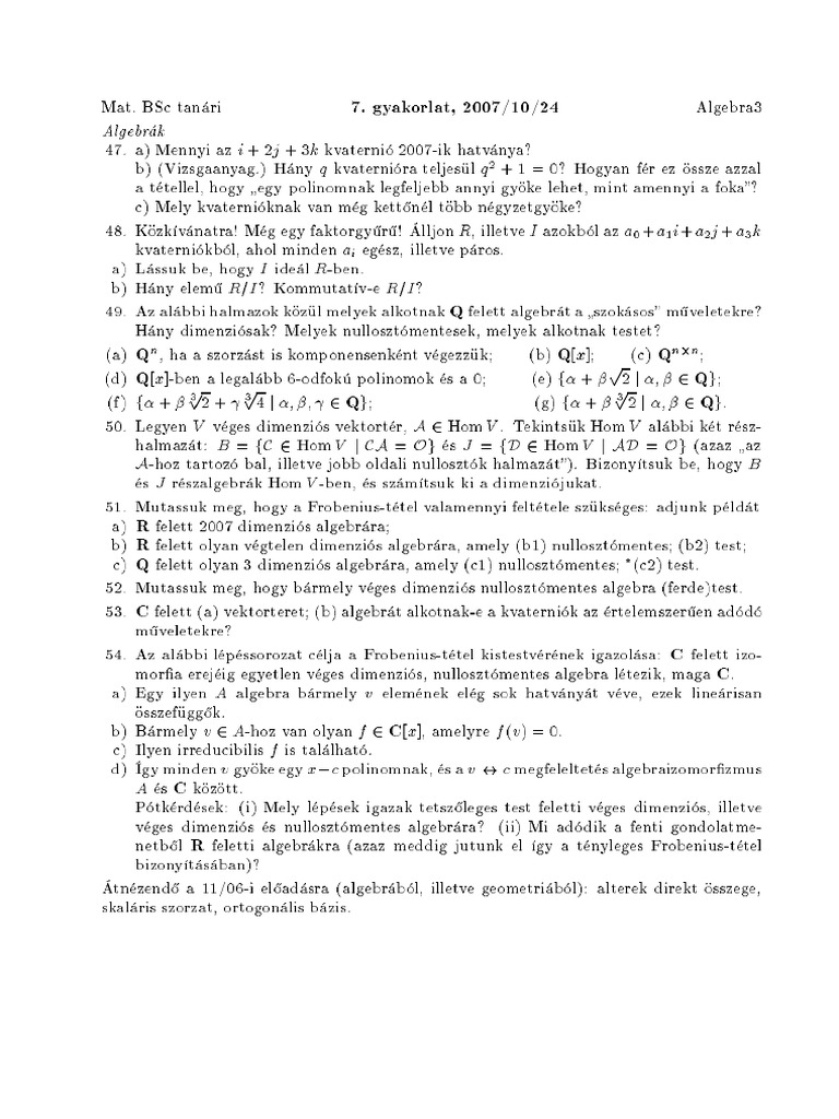 Algebra III. 7. Gyakorlat | PDF