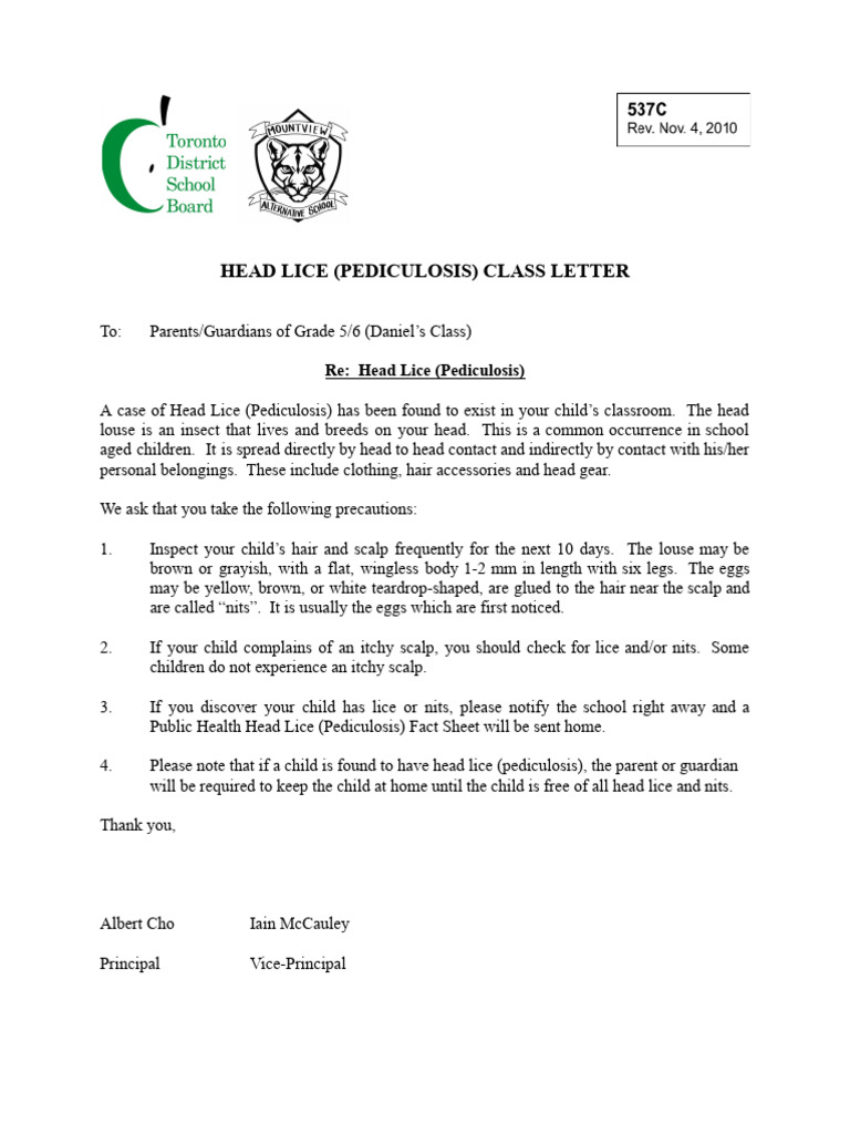 Head Lice (Pediculosis) Class Letter 5 - 6s | PDF