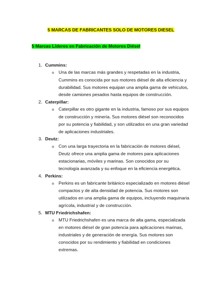 5 Marcas Líderes de Motores Diésel | PDF