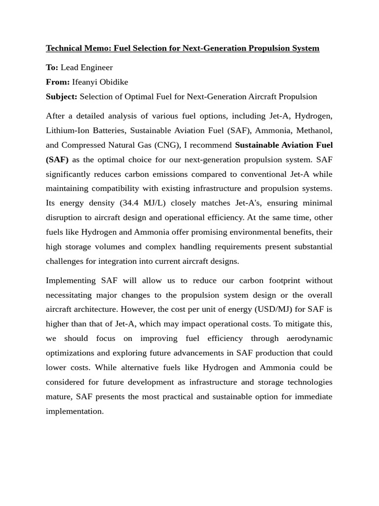 Technical Memo - Fuel Selection For Next-Generation Propulsion System | PDF