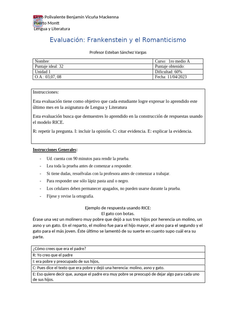 Frankenstein Evaluación, 1ro A PIE | PDF | Frankenstein