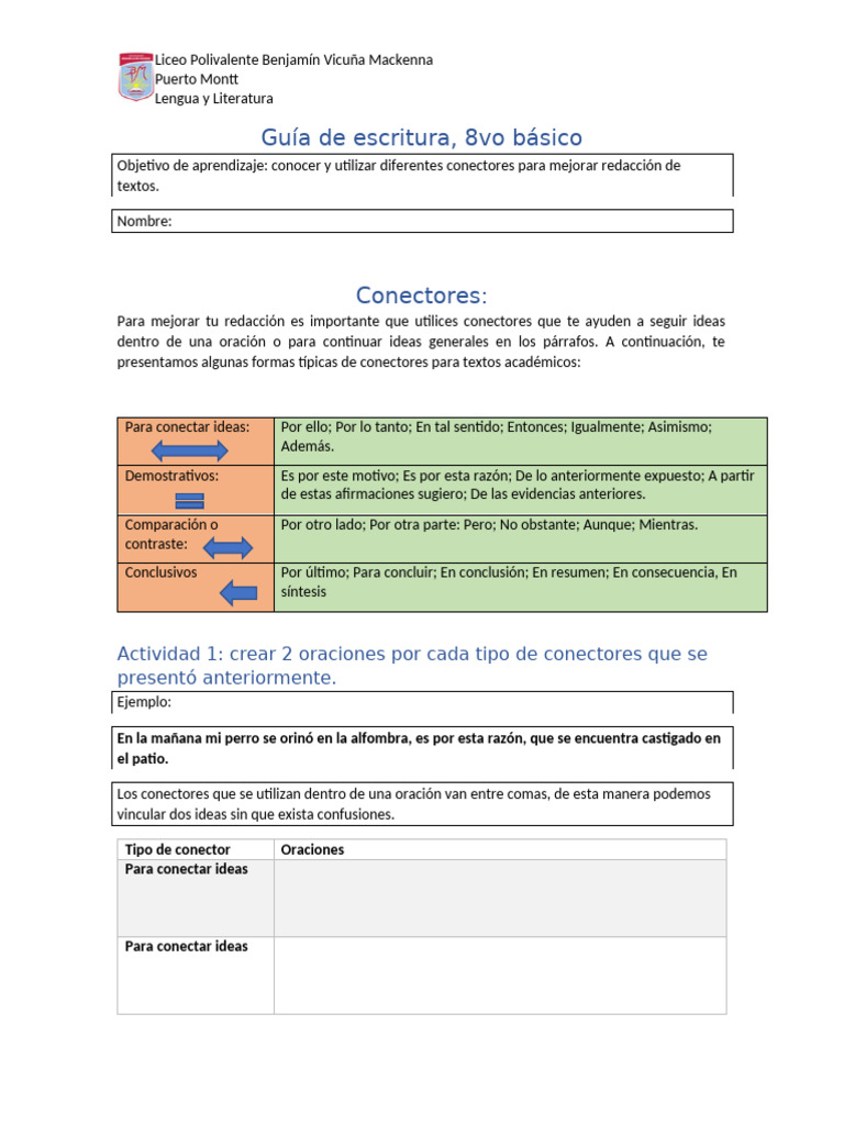 Guía de Conectores para 8vo Básico | PDF