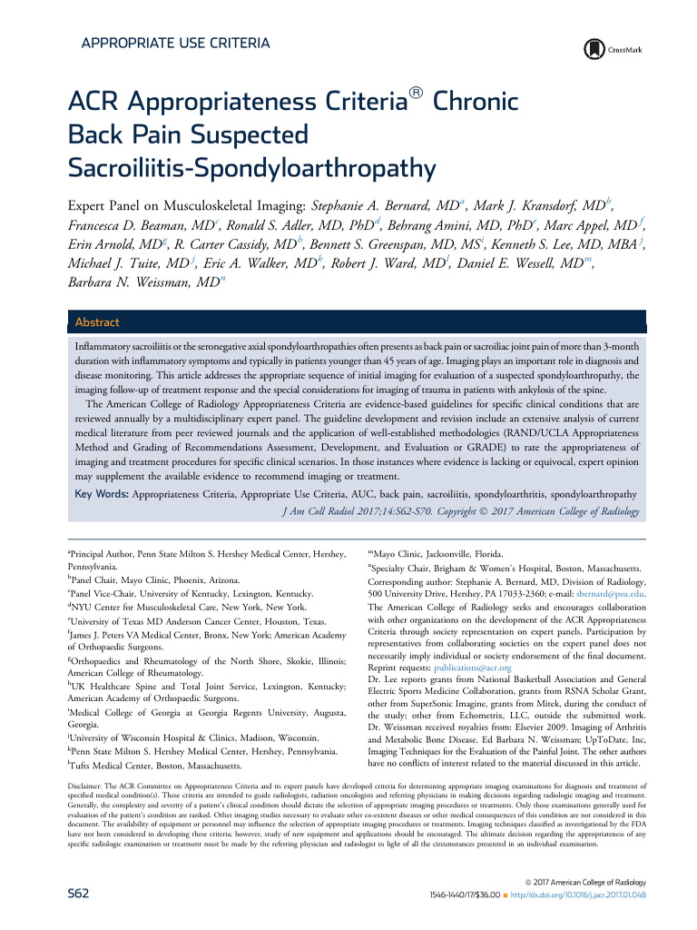 ACR Appropriateness Criteria Chronic Back Pain - 2017 - Journal of The America | PDF | Ct Scan ...