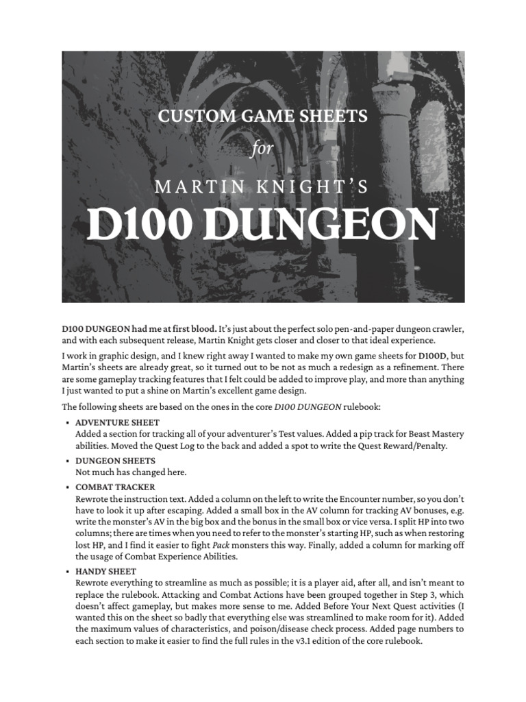 Custom Game Sheets for D100 Dungeon | PDF | Fantasy Creatures
