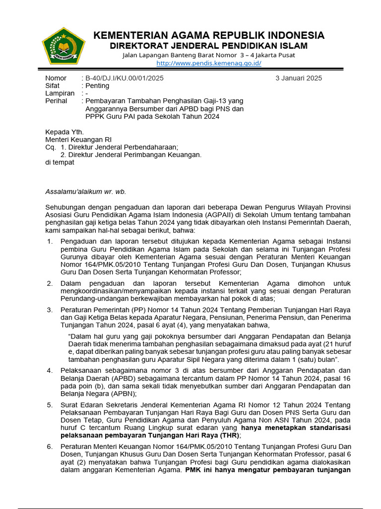 Surat Ke Kemenkeu Dari Ditjen Pendis | PDF