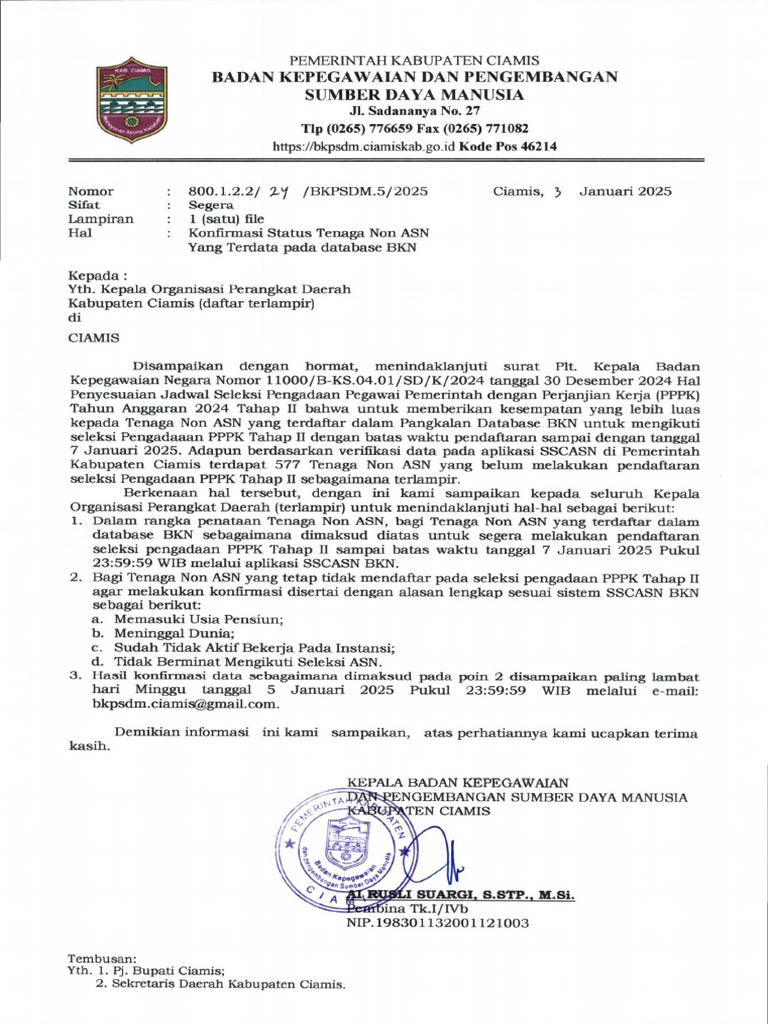 Surat BKPSDM Hal Konfirmasi Status Non Asn Database Pada Pengadaan Seleksi PPPK Tahap Ii | PDF