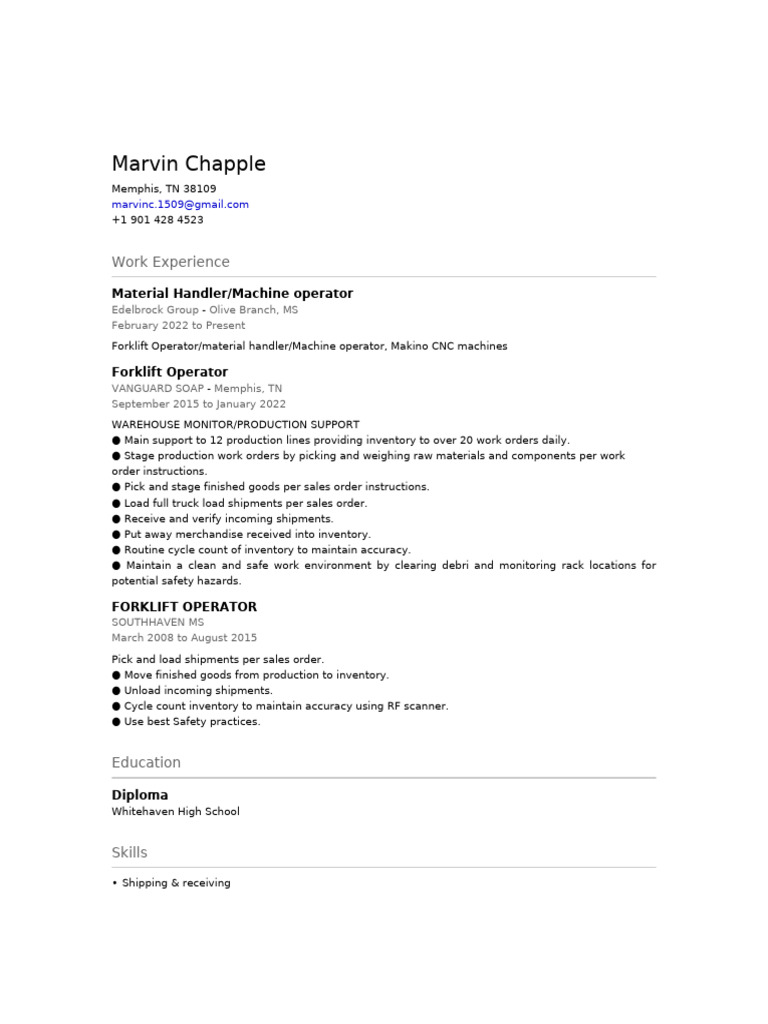 Forklift Operator and Material Handler Resume | PDF