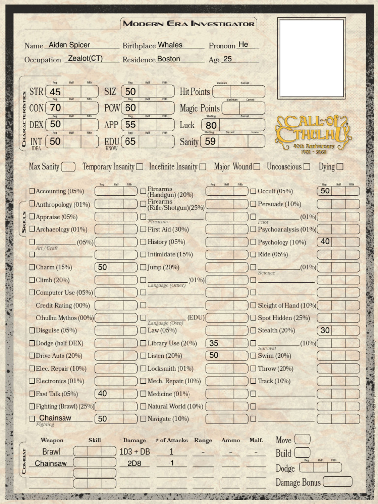 CoC7 PC Sheet - Auto-Fill - Modern - Standard - Color | PDF