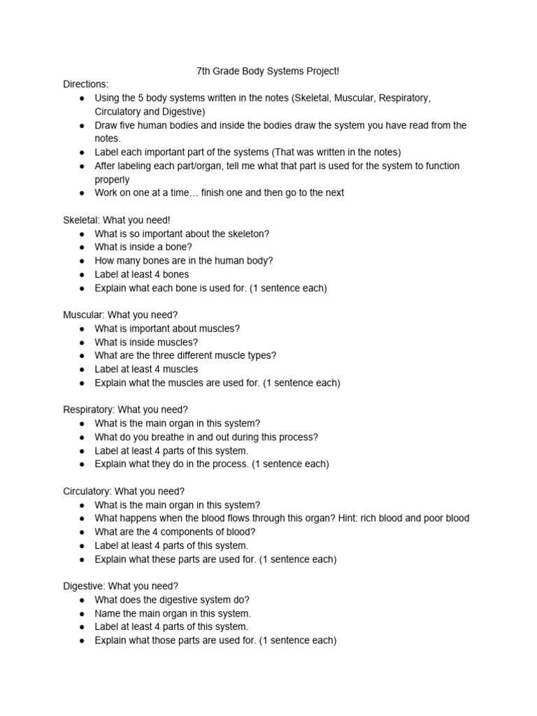 7th Grade Body Systems Project! | PDF