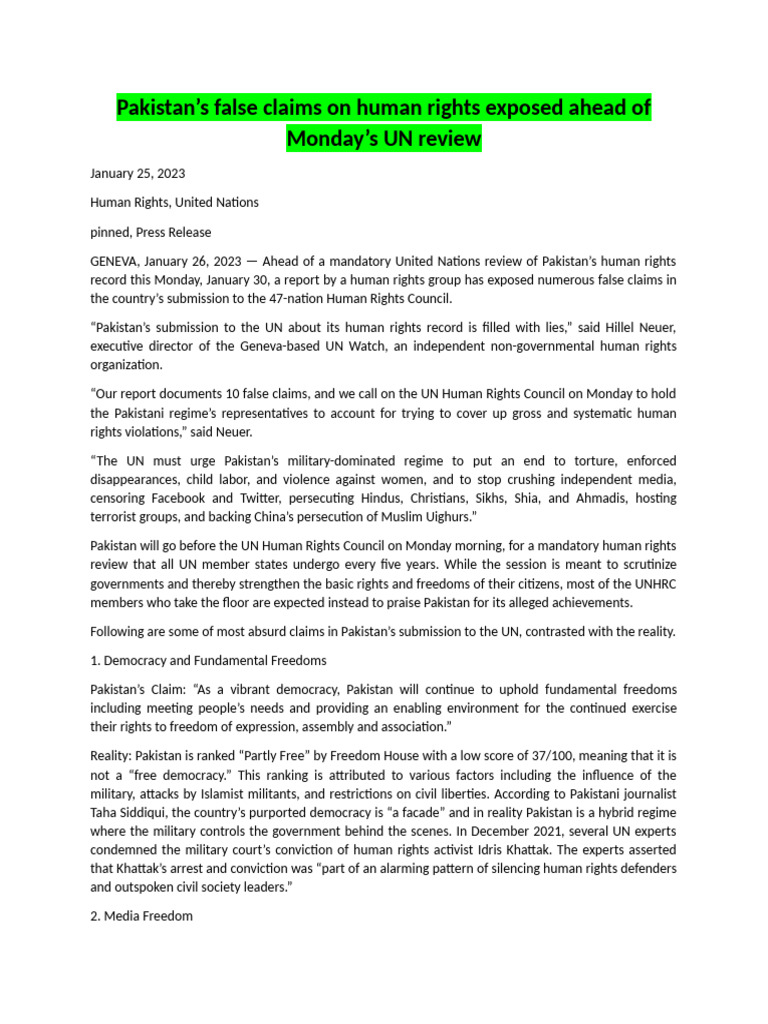 Pakistan's Human Rights Claims Debunked | PDF | Violence Against Women ...