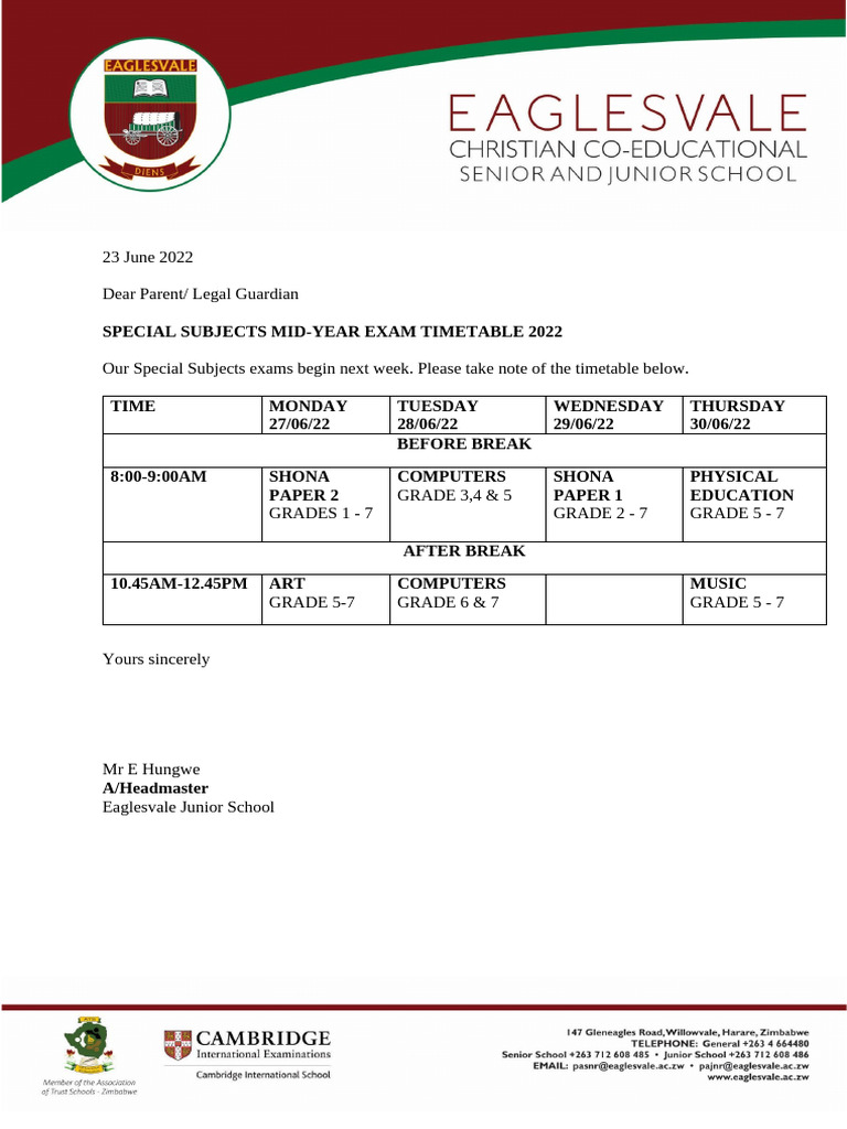 Mid-Year 2022 Exam Timetable | PDF