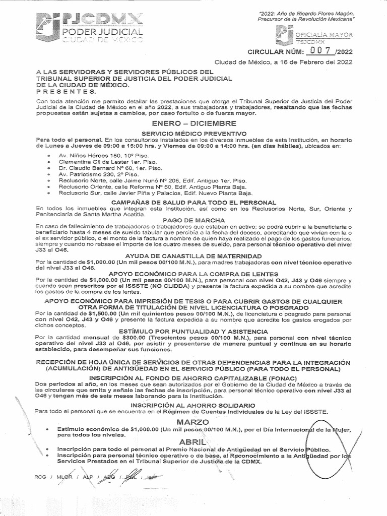 Circular 07 2022 Prestaciones Anuales 2022 TSJCDMX | PDF