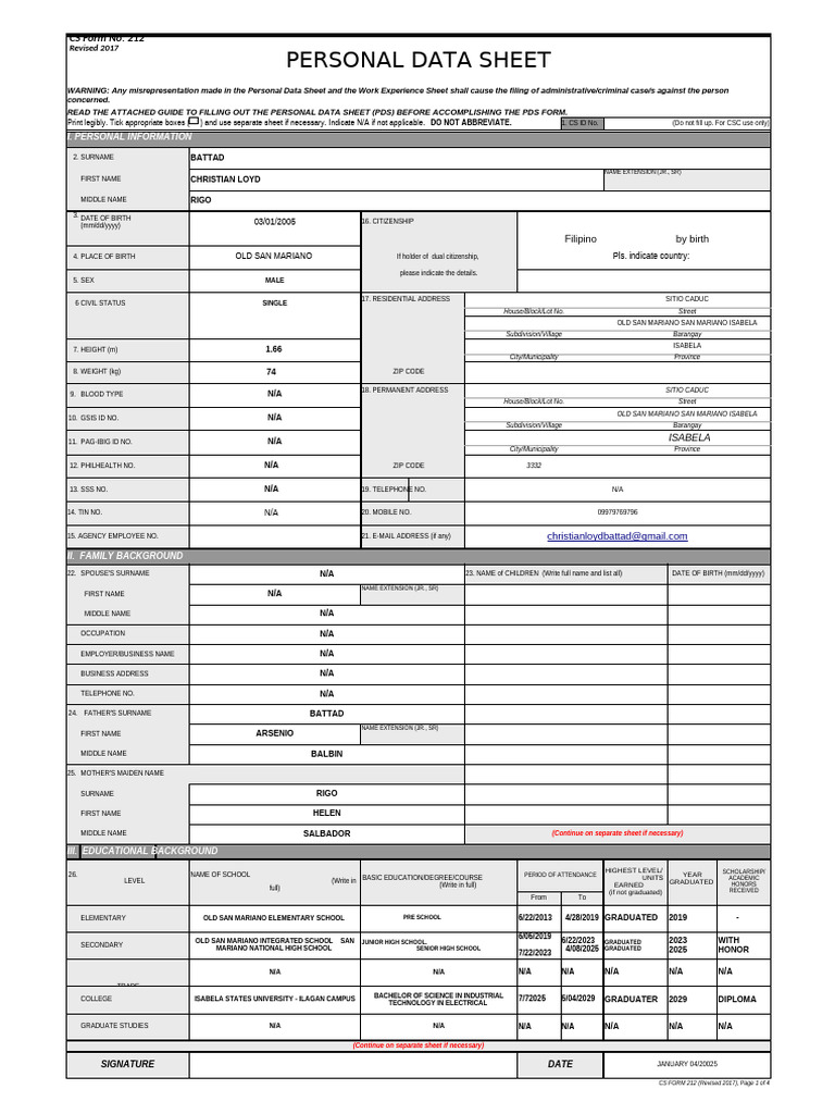 CS Form No. 212 Personal Data Sheet Revised | PDF | Government | Justice