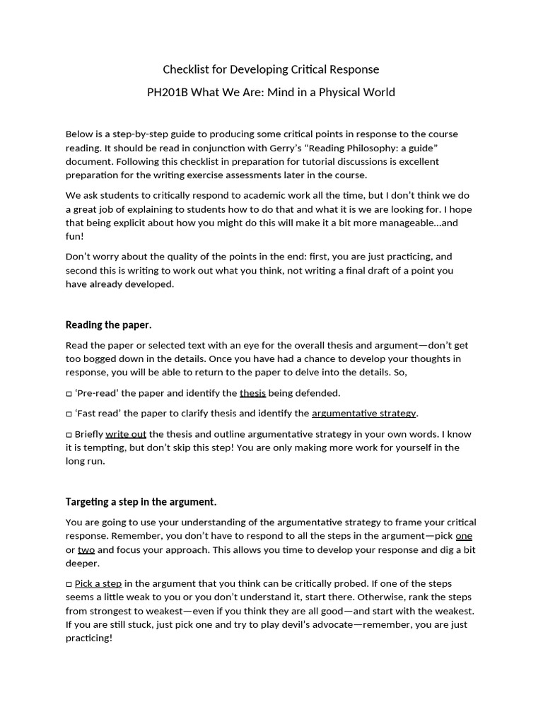 PH201B Critical Response Checklist | PDF | Paragraph | Cognition