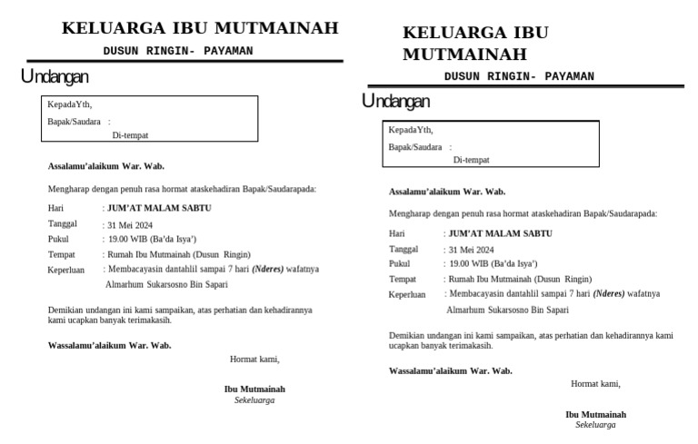 Undangan Yasin Tahlil Ibu Mutmainah | PDF