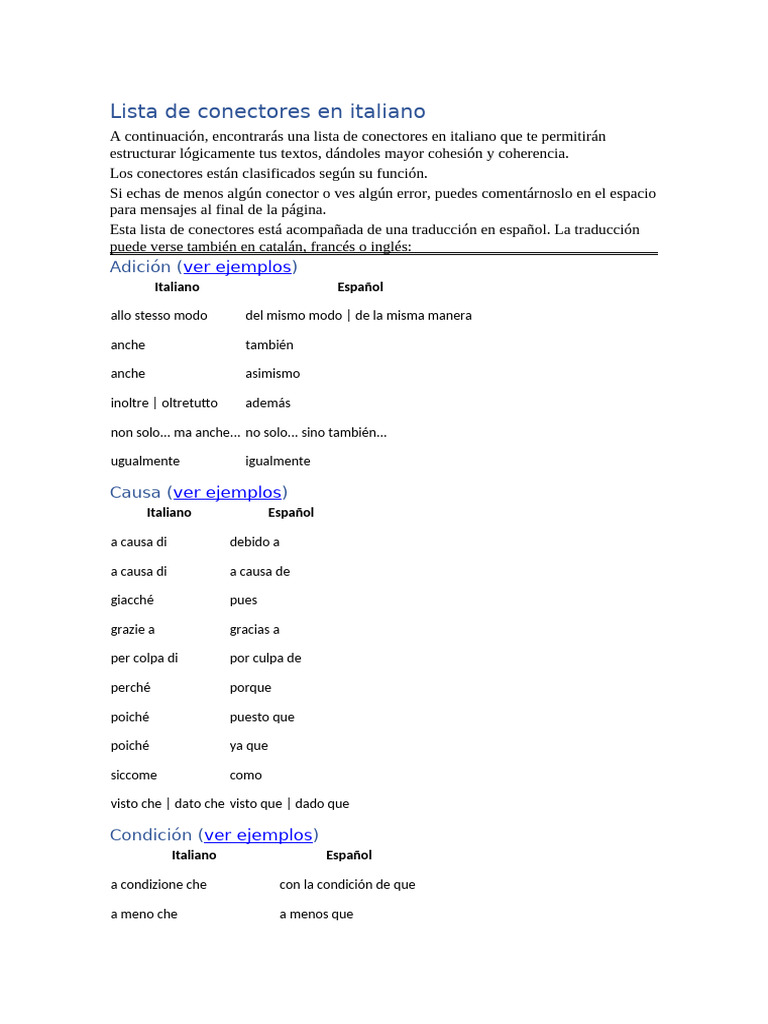 Conectores en italiano y su uso | PDF