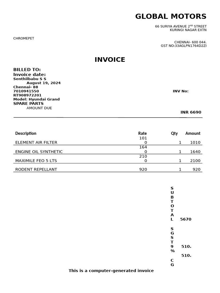 car invoice sample | PDF