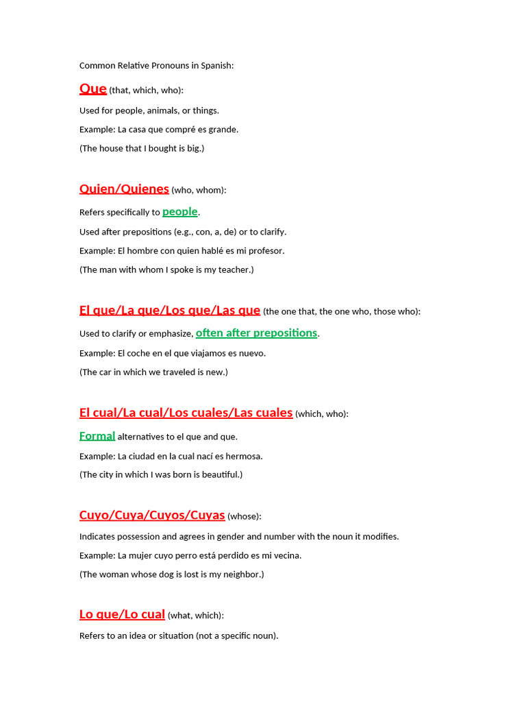 Common Relative Pronouns in Spanish | PDF