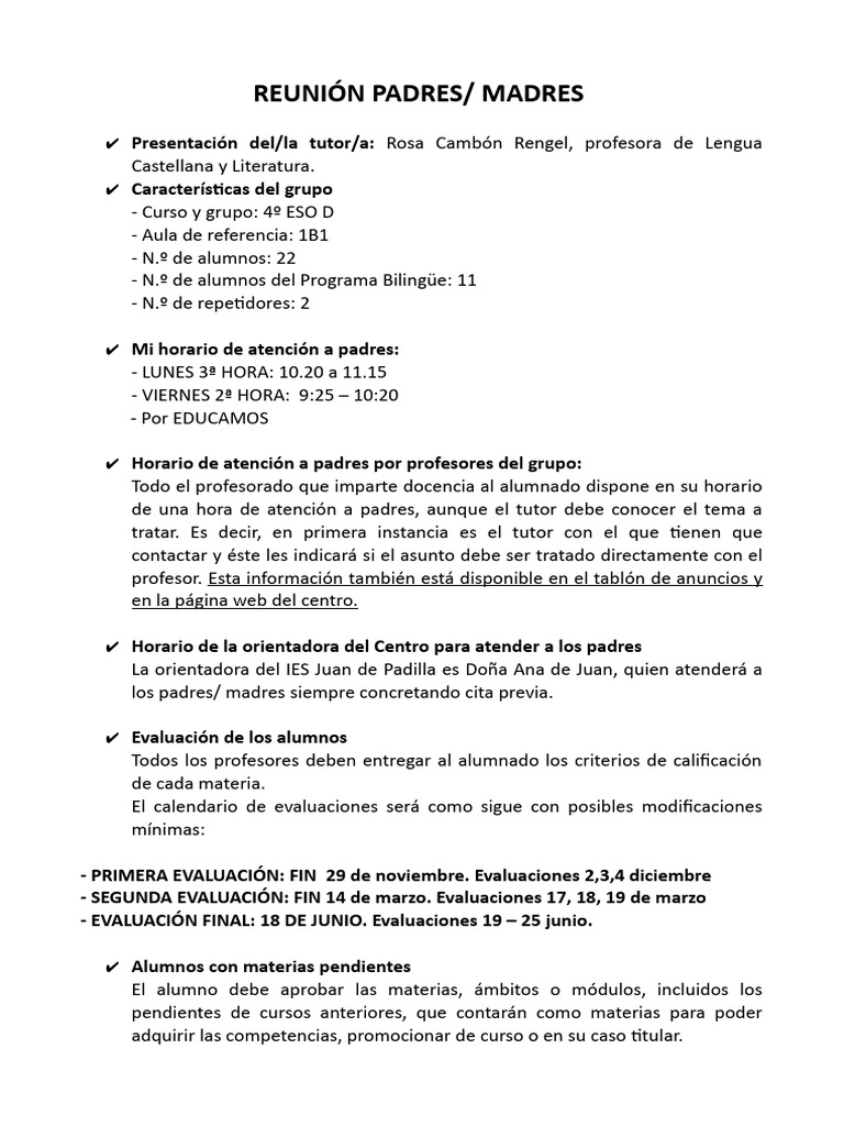 Reunión Informativa para Padres de 4º ESO | PDF | Evaluación | Facebook