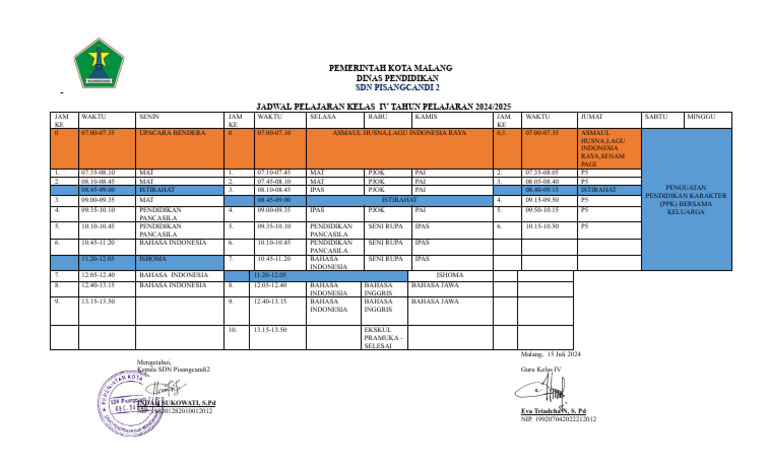 JADWAL PELAJARAN KELAS 4 KURMER Revisi 2024 - 2025 | PDF