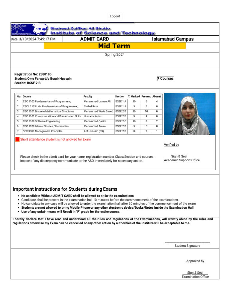 SZABIST Admit Card Spring2024 | PDF