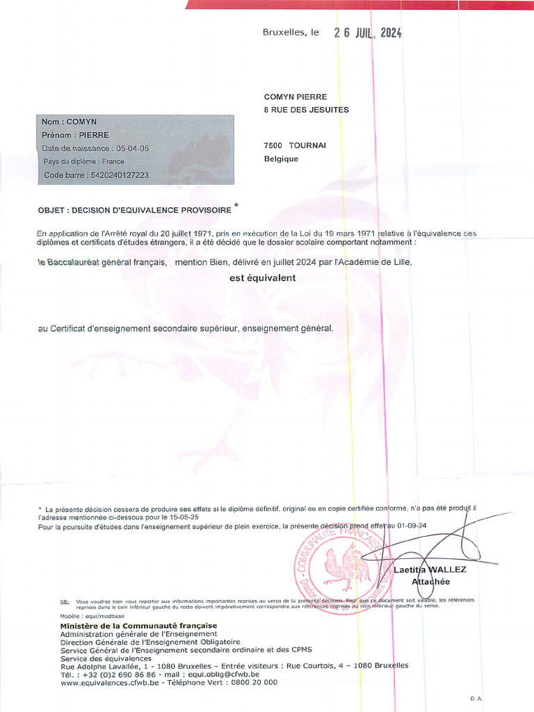 2024-07-26 Décision D'équivalence Provisoire | PDF