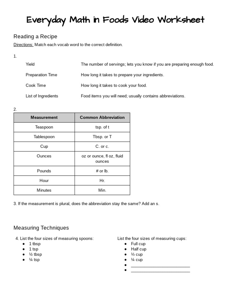Everyday Math in Foods Video Worksheet | PDF