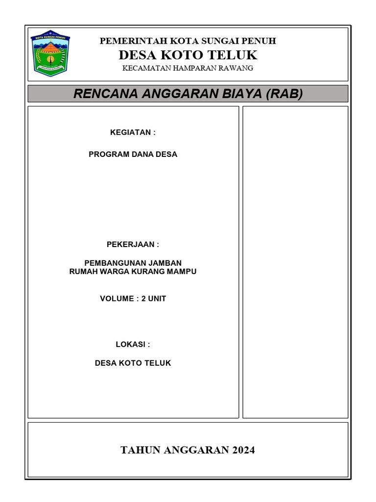 RAB Pembangunan Jamban Desa Koto Teluk | PDF