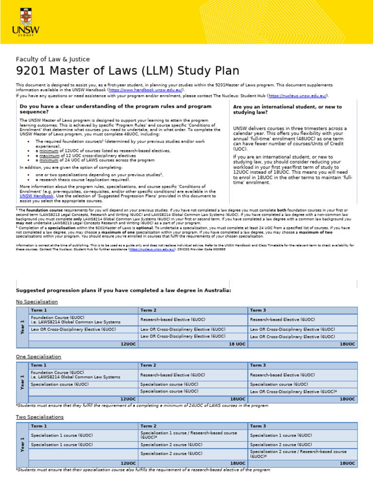 Study Plan - 9201 Master of Laws - 2024 | PDF