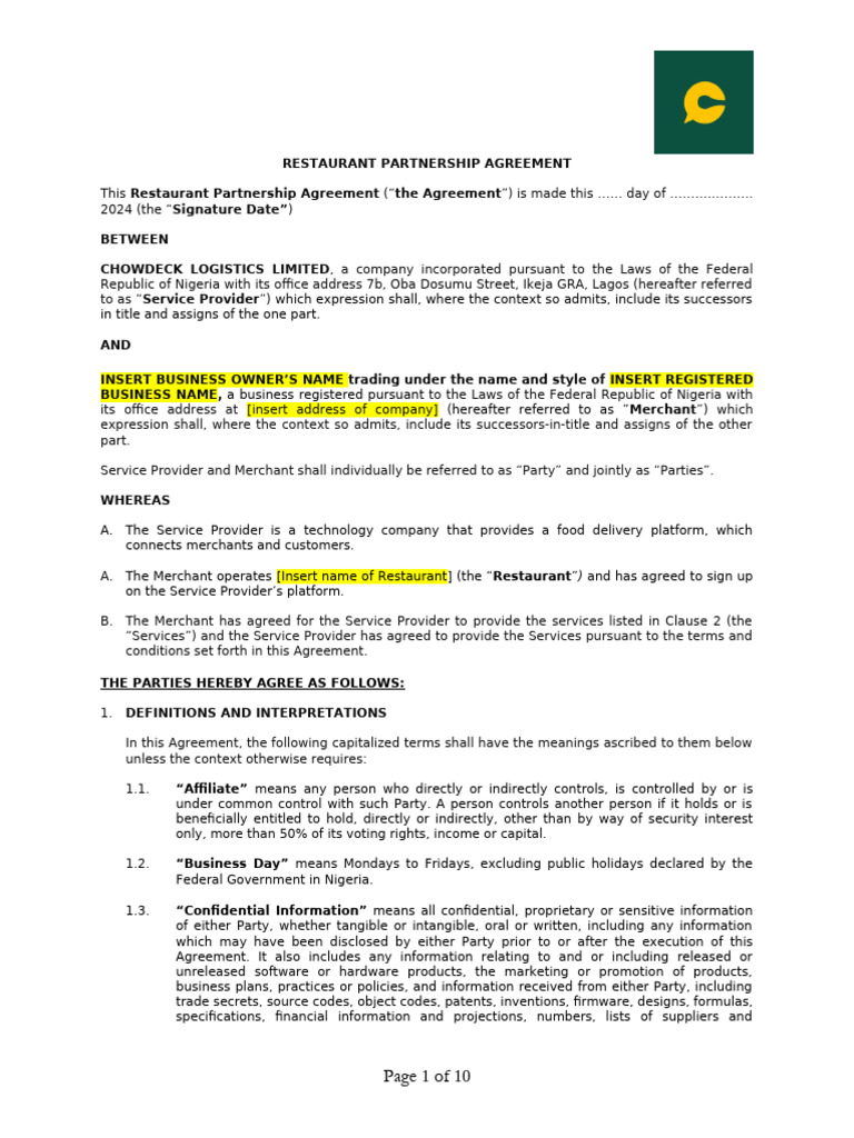 (BUSINESS NAME) Agreement - Chowdeck Restaurant Agreement Template (02.) | PDF | Indemnity | Damages
