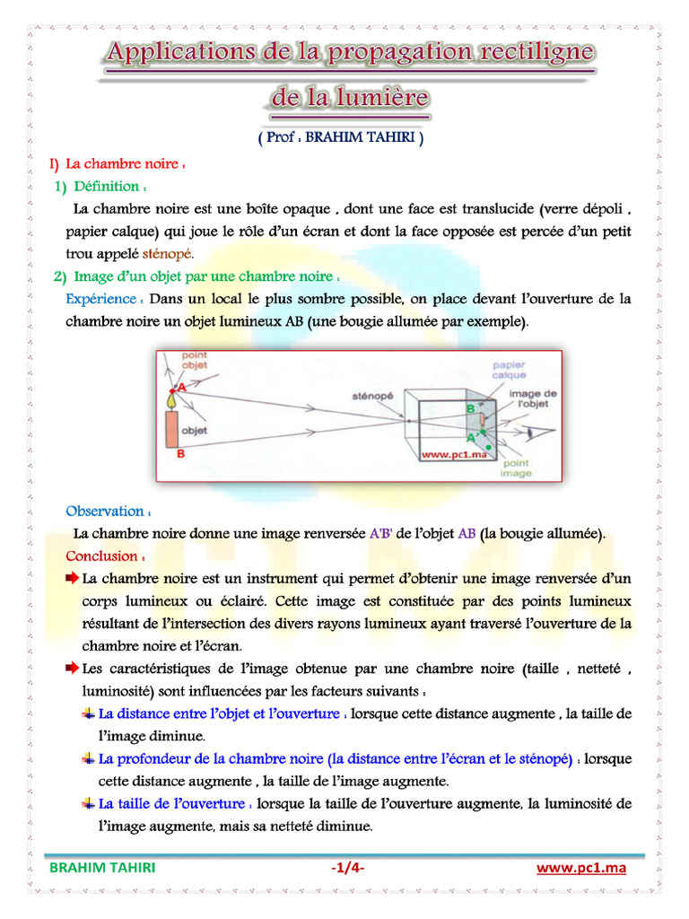Applications de La Propagation Rectiligne de La Lumière - Prof - tahiRI ...
