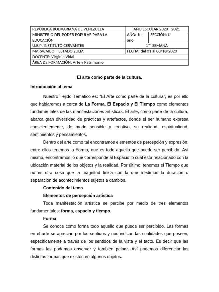 Arte y patrimonio 1er año 1era semana | PDF | Percepción | Hora